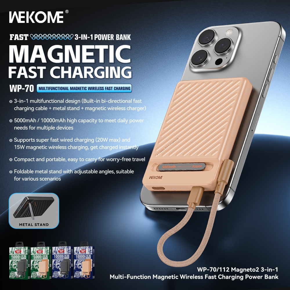 NEW CCC WEKOME WP-70 3-in-1 Magnetic Wireless Fast Charging Power Bank ...