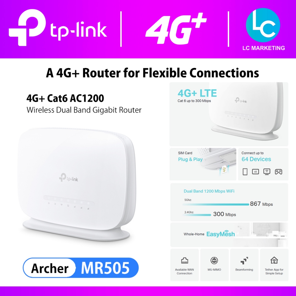 TP-LINK Archer MR505 4G+ Cat6 AC1200 Wireless Dual Band 5Ghz + 2.4GHz ...