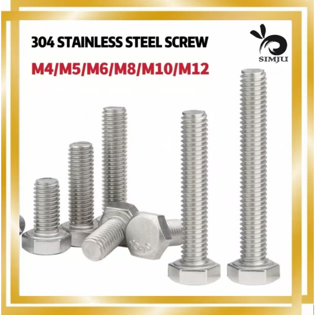 M4-M12 304 Stainless Steel DIN933 Hexagon Head Bolt Screw | Shopee ...
