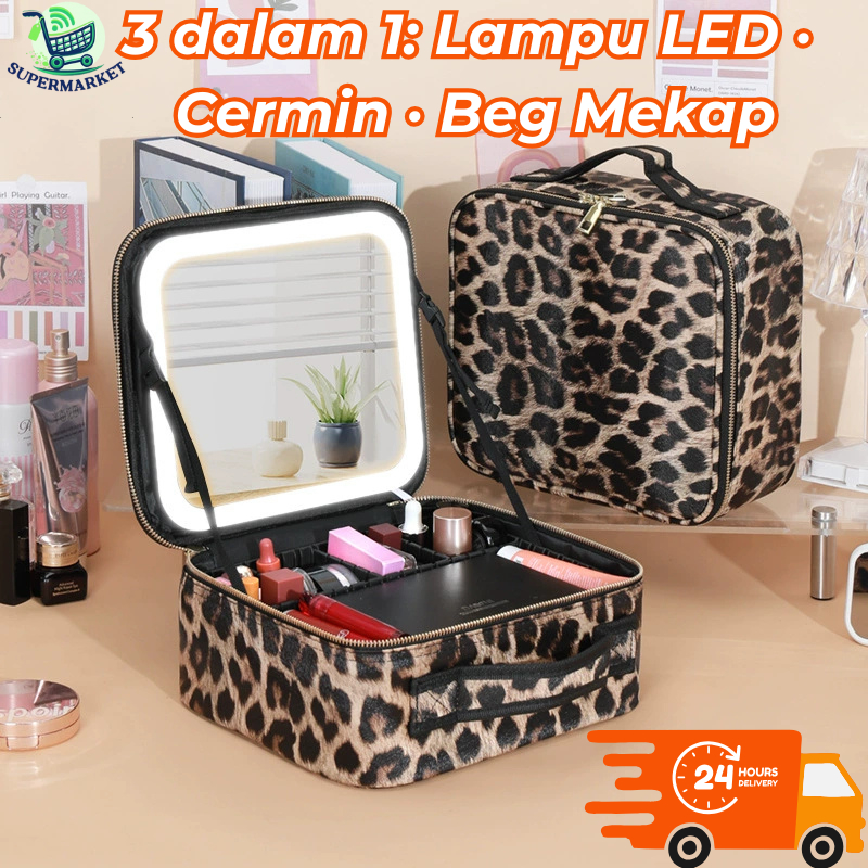Makeup Bag with LED Mirror Travel Cosmetic Box 3 Color Light Portable ...