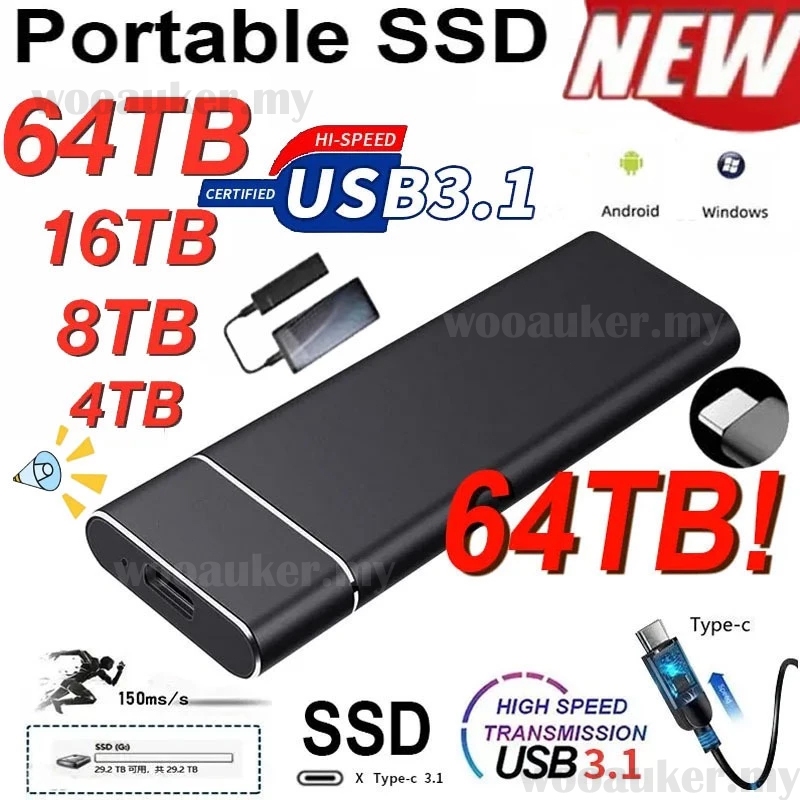 Portable SSD 64TB External Hard Disk 128TB for Data Storage 16TB Moblie ...