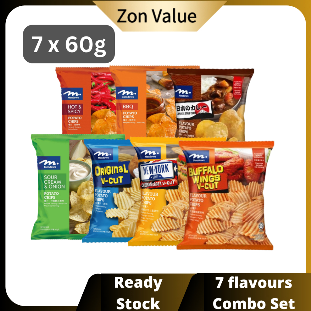 MEADOWS Combo Set of 7 Packs 7 Flavours Thin Slice & V-Cut Potato Chips ...