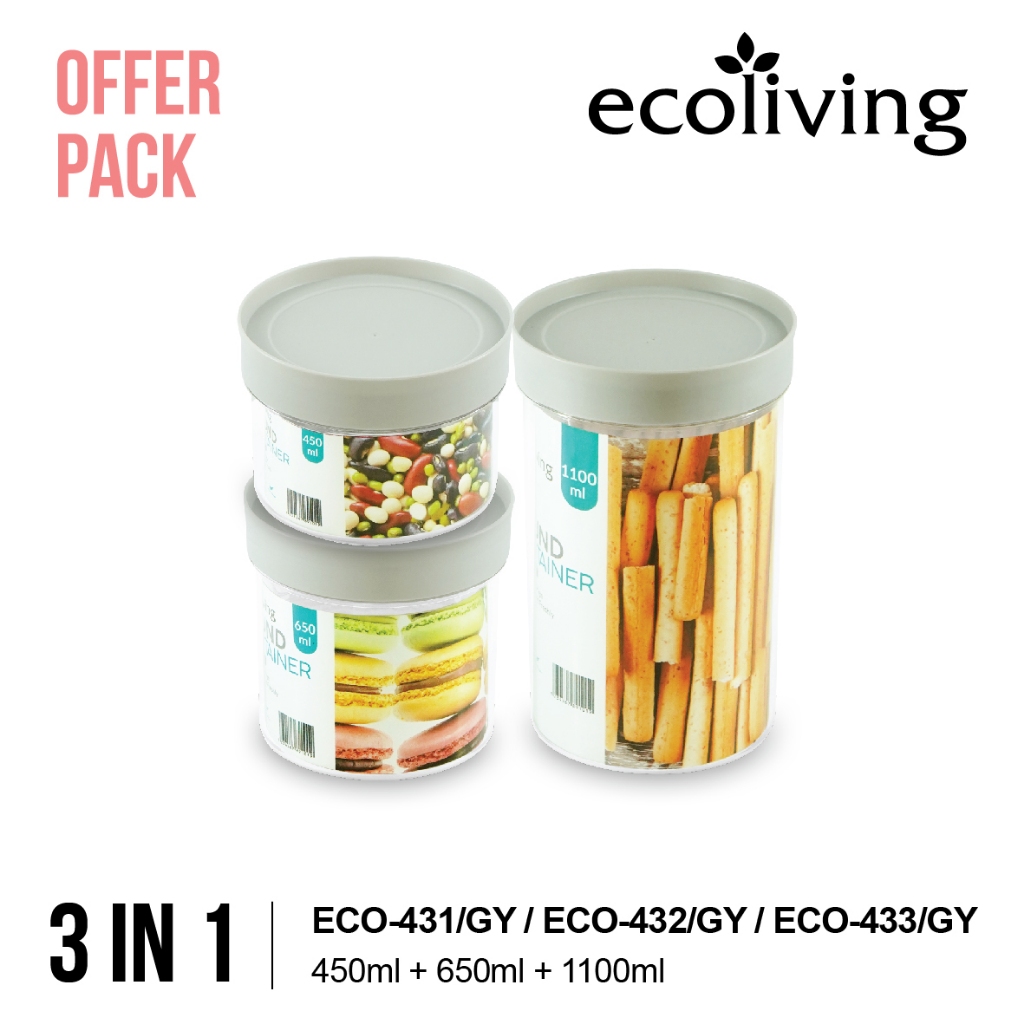 ECO LIVING OFFER PACK 3 IN 1 Stackable Round Transparent Canister, Food ...