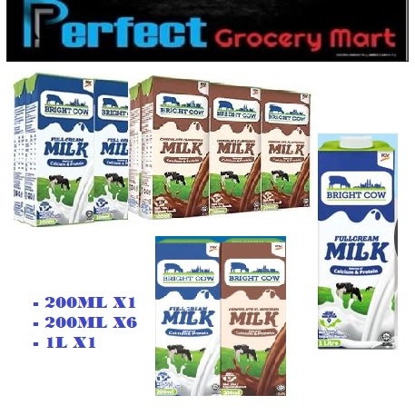 BRIGHT COW UHT FULL CREAM MILK & CHOCOLATE MILK 200ML / 6X200ML / 1L ...