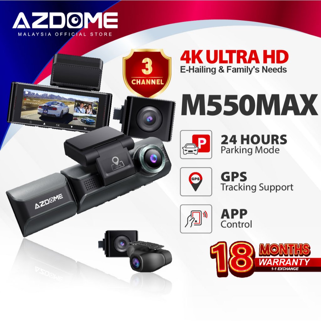 AZDOME M550MAX 2160P/4K Ultra HD 3 Channel Front & Rear DashCam Night ...