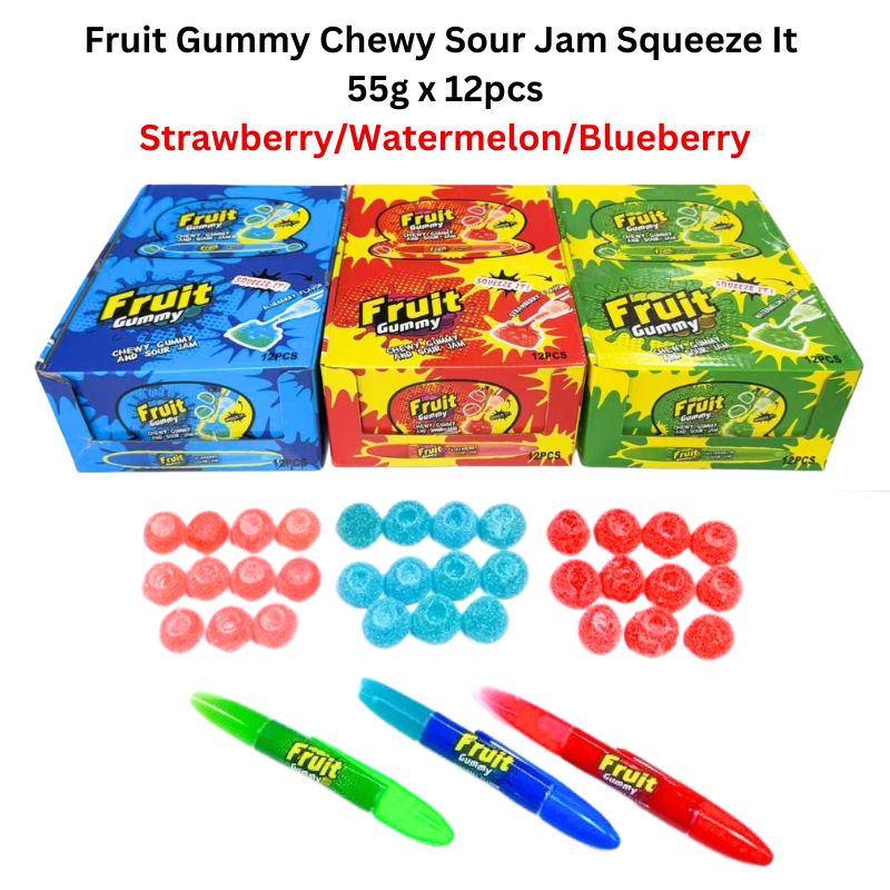 Halal Fruit Gummy Chewy Sour Jam Squeeze It 55g x 12pcs Strawberry ...