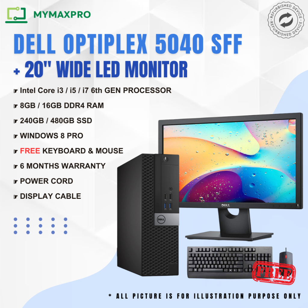 PC SET - 6th GEN PC DELL OPTIPLEX 5040 SFF + 20" WIDE MONITOR (Home Use ...
