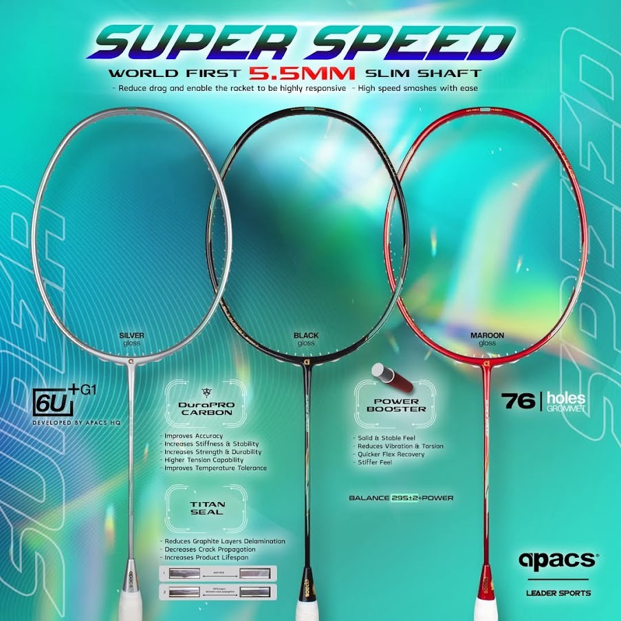 APACS Racket WORLD'S SLIMMEST SHAFT 5.5mm SUPER SPEED - FREE String ...