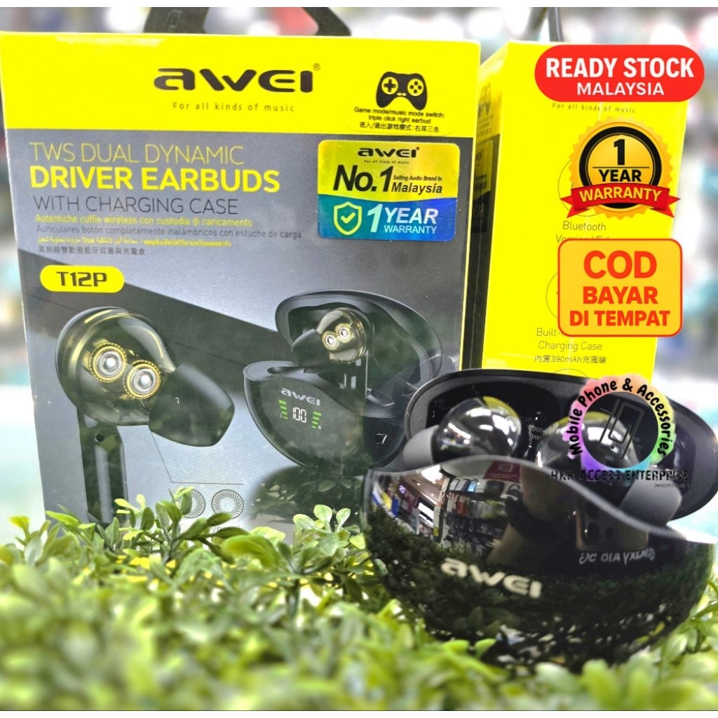 AWEI T12P TWS Dual Dynamic Driver Earbuds HiFi Bass Sound | Bluetooth 5.3 | With Charging Case ...
