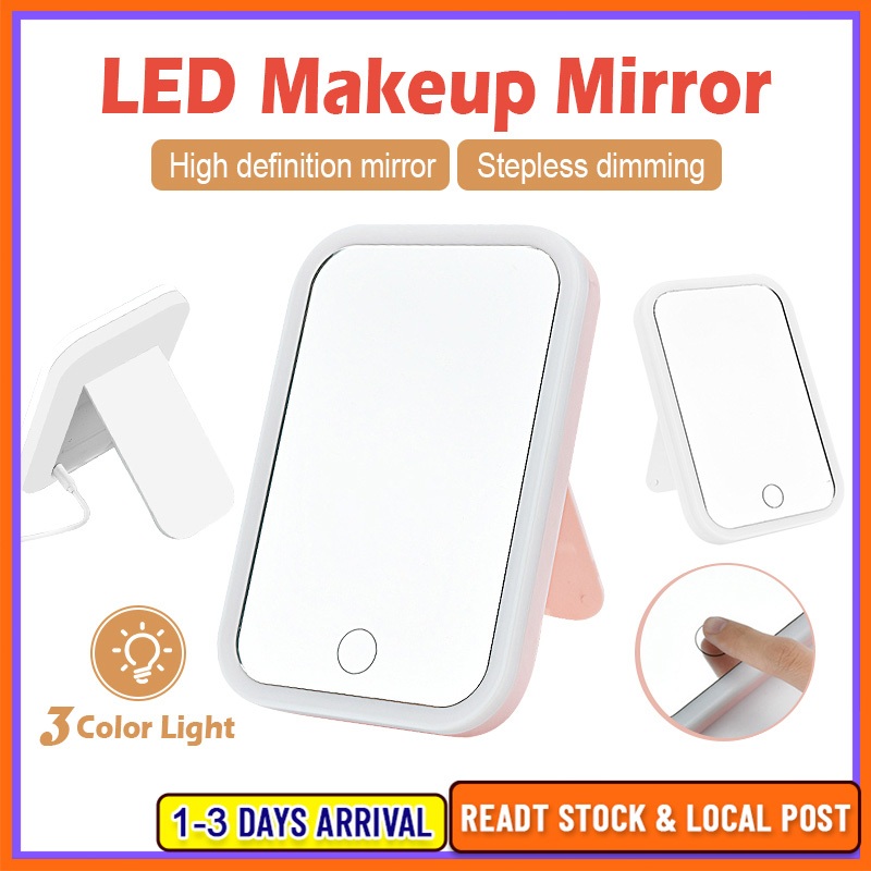 LED Makeup Mirror Light Wooden Desk Mirror Portable Standing Folding ...