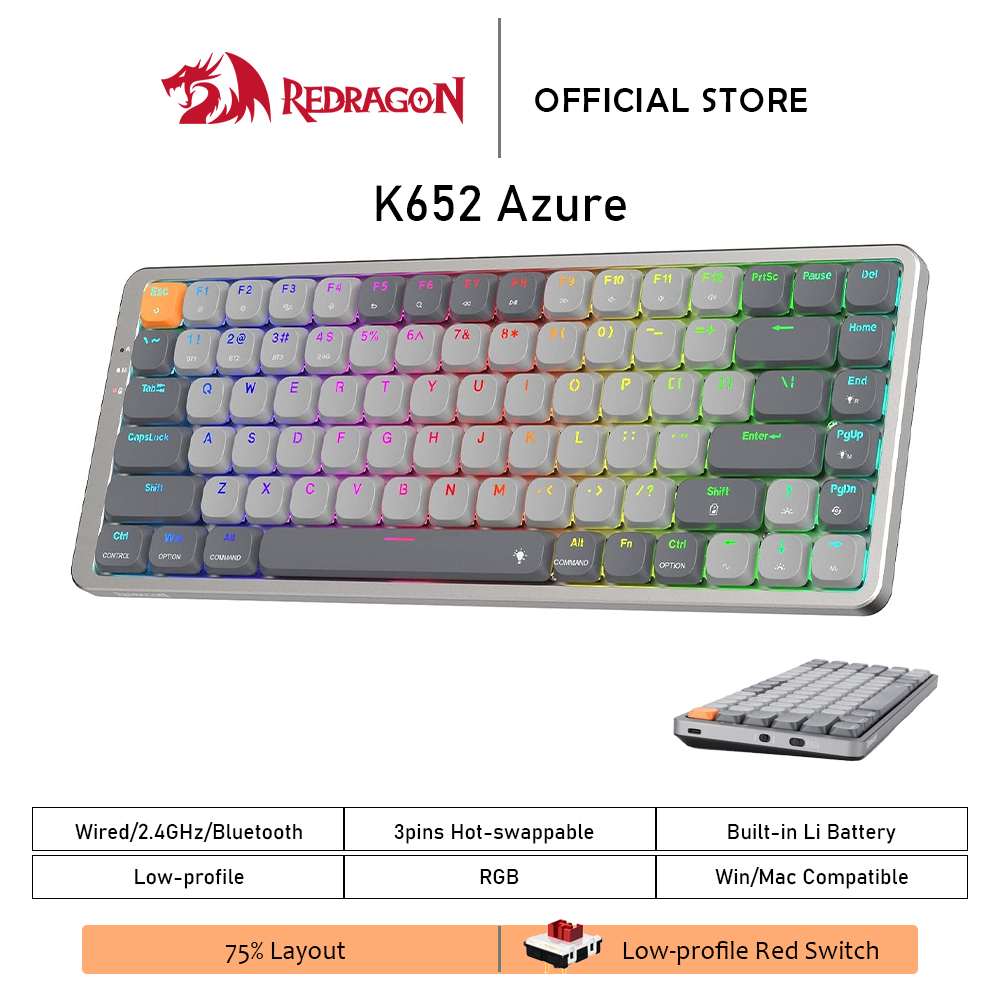 Redragon K652 Azure 75% Low-profile Tri-Mode RGB Mechanical Keyboard ...