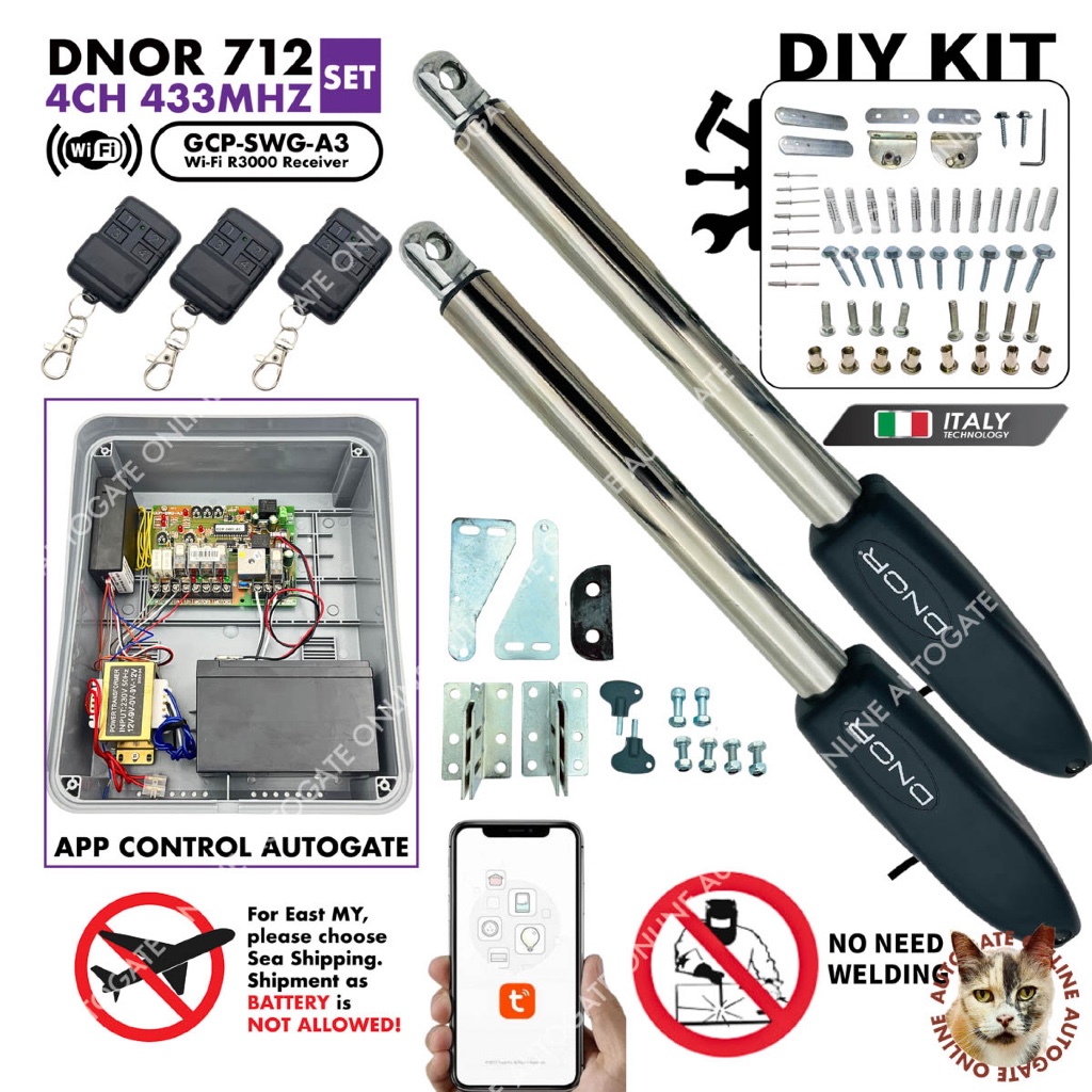 DIY KIT - WIFI DNOR 712 ( 4CH 433MHZ A3 ) SWING ARM AUTOGATE HEAVYDUTY ...