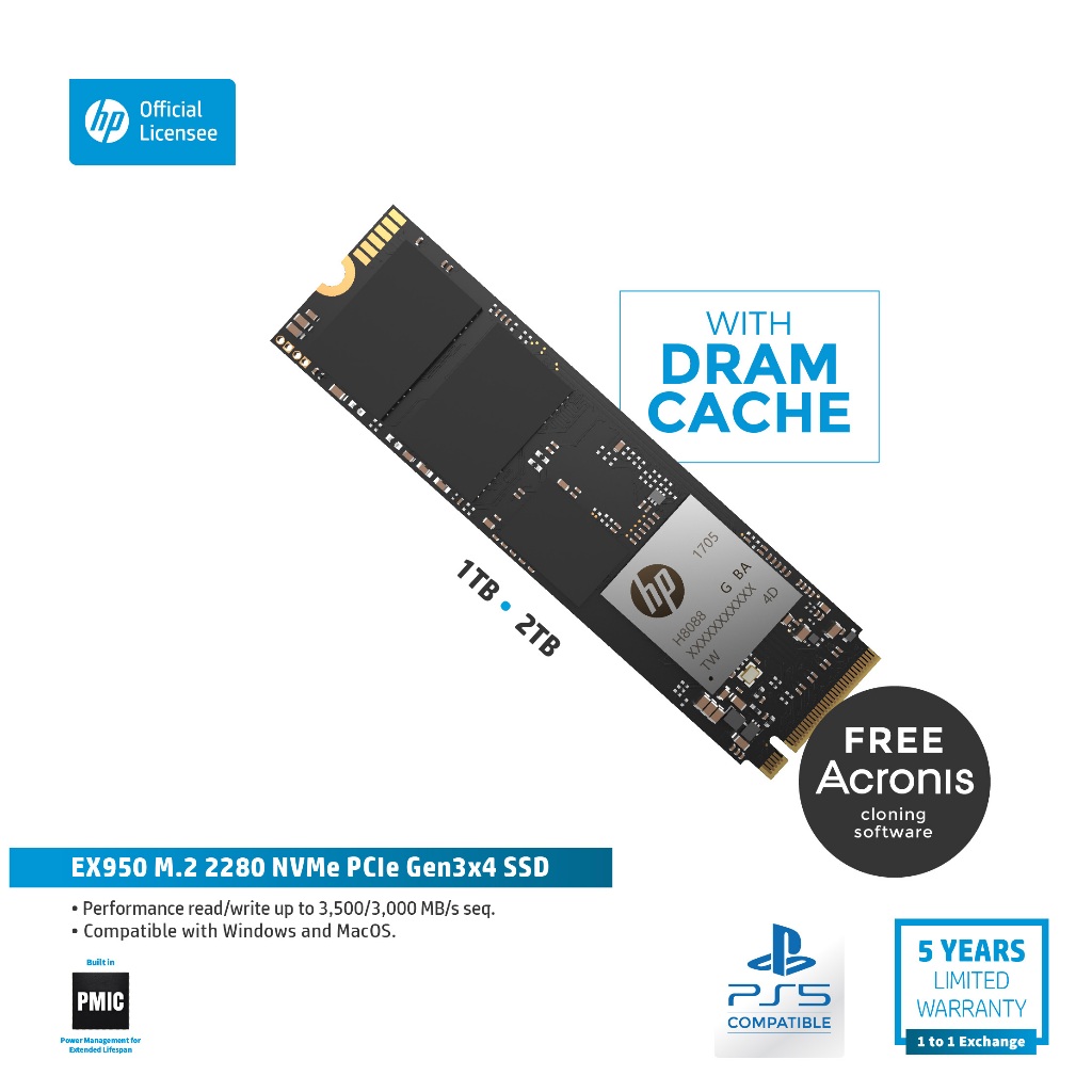 HP EX950 M.2 2280 NVMe PCIe Gen3x4 SSD with DRAM Cache (PS5 Compatible ...