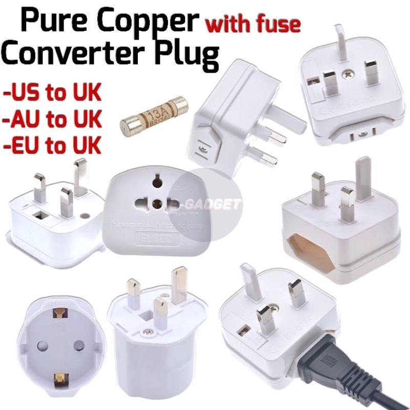 PURE COPPER EU US AU CONVERT TO UK PLUG WITH FUSED EURO US 2 PIN AU 2 ...