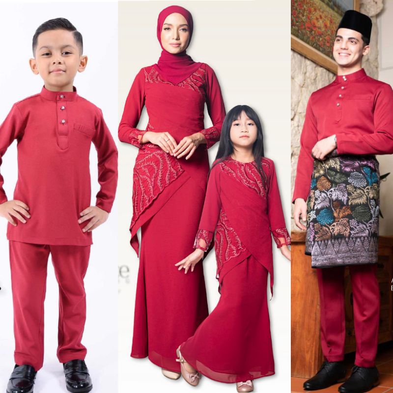 Baju kurung Vernice Maroon color Matching Mother Father Child. Family ...