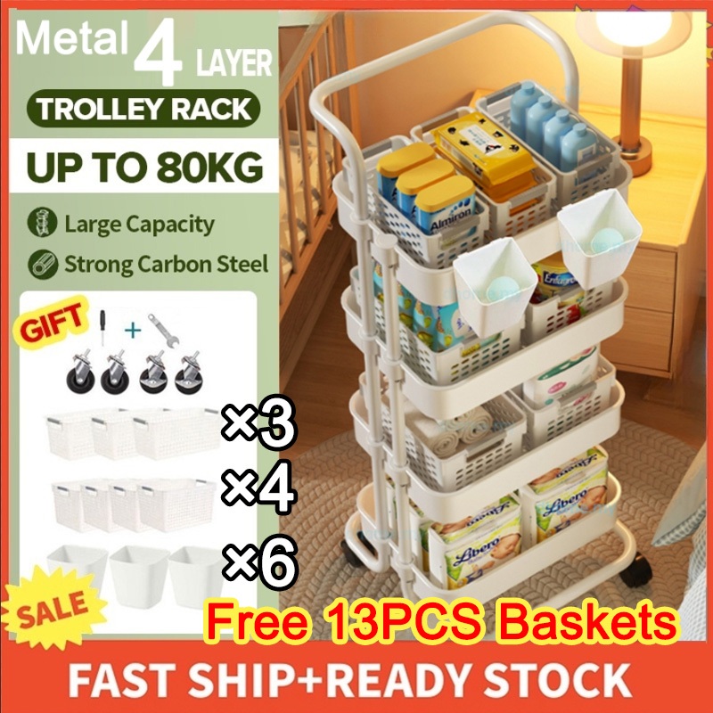 Full Set 4 Layers Trolley Rack Metal Trolley with 13 PCS Basket Cart 4 ...