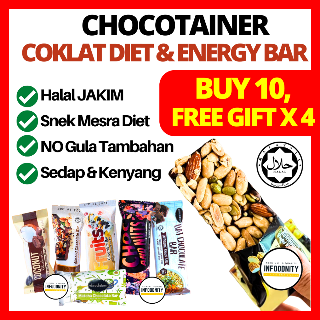 CHOCOTAINER Energy Bar No Sugar Free Dark Chocolate Halal Snek Diet ...