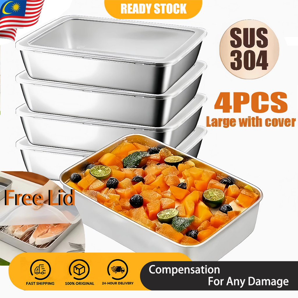 4PCS 304 Stainless Organizer Crisper Kitchen Storage Box With Lid Food ...