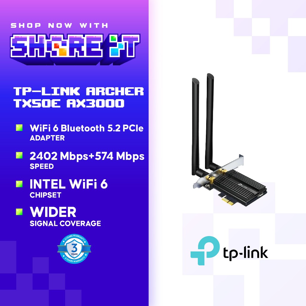 TP LINK ARCHER TX50E AX3000 WIFI BLUETOOTH 5.2 PCIE ADAPTER | Shopee ...