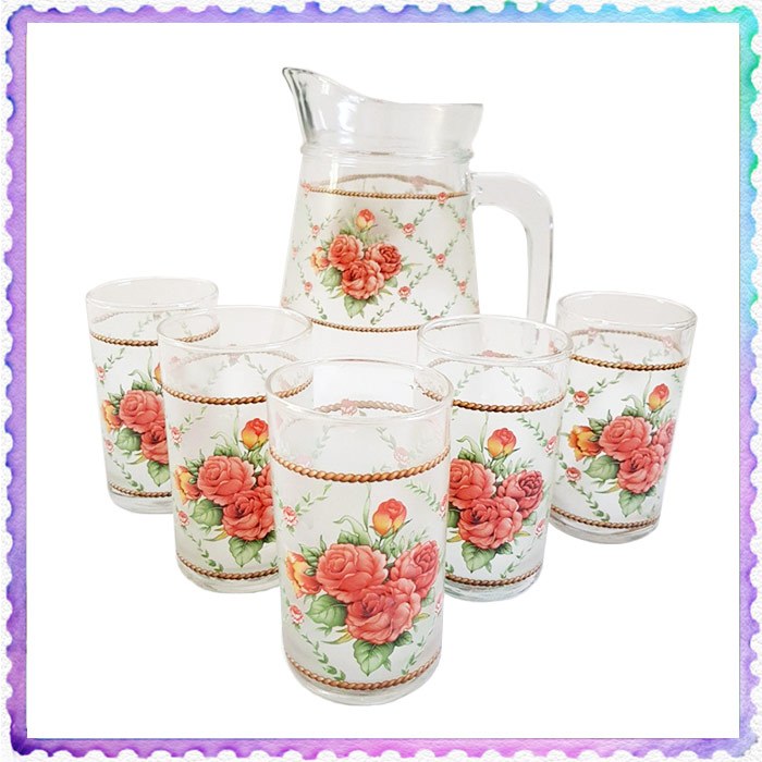 Briliant Flower Rose Glass drinks water jug cup set Classic Elegant ...