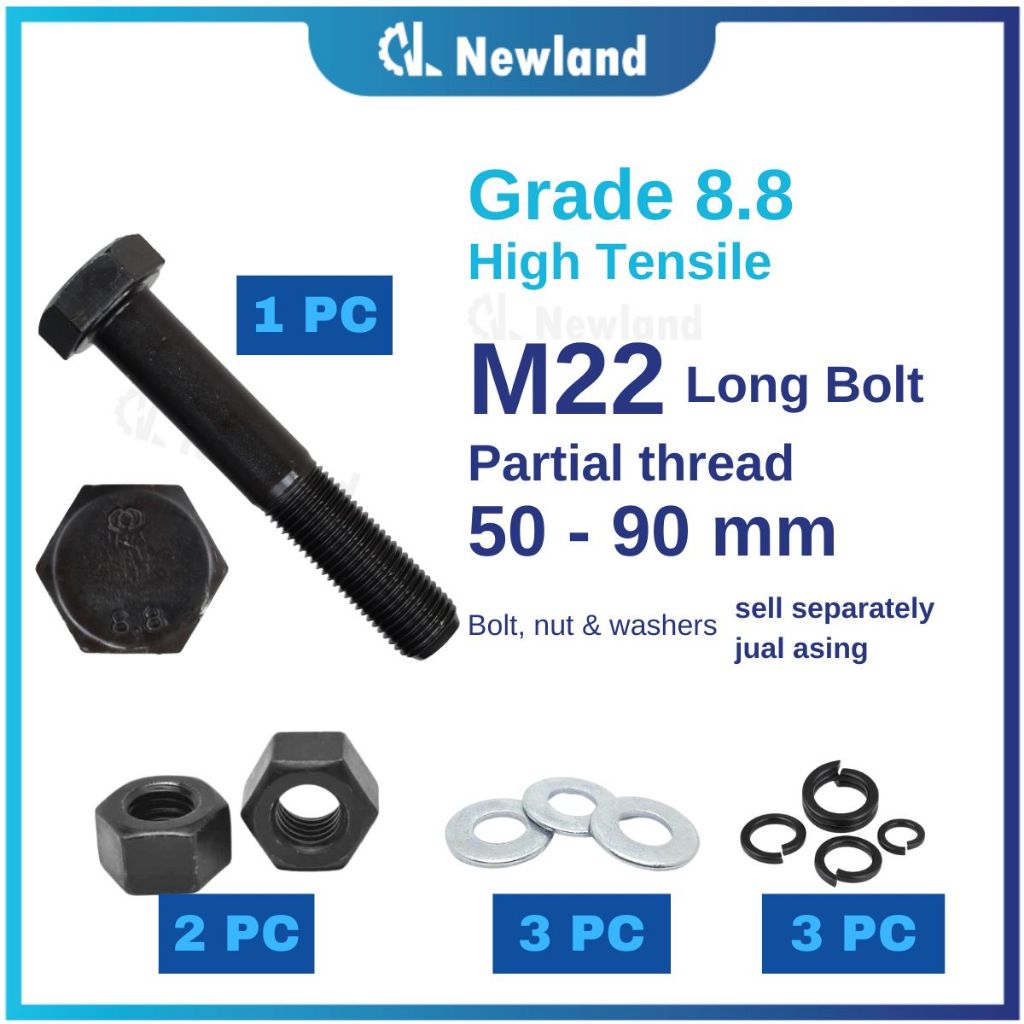 Newland Agriculture M22 Bolt and Nut - Grade 8.8 Hex Long Bolt Partial ...
