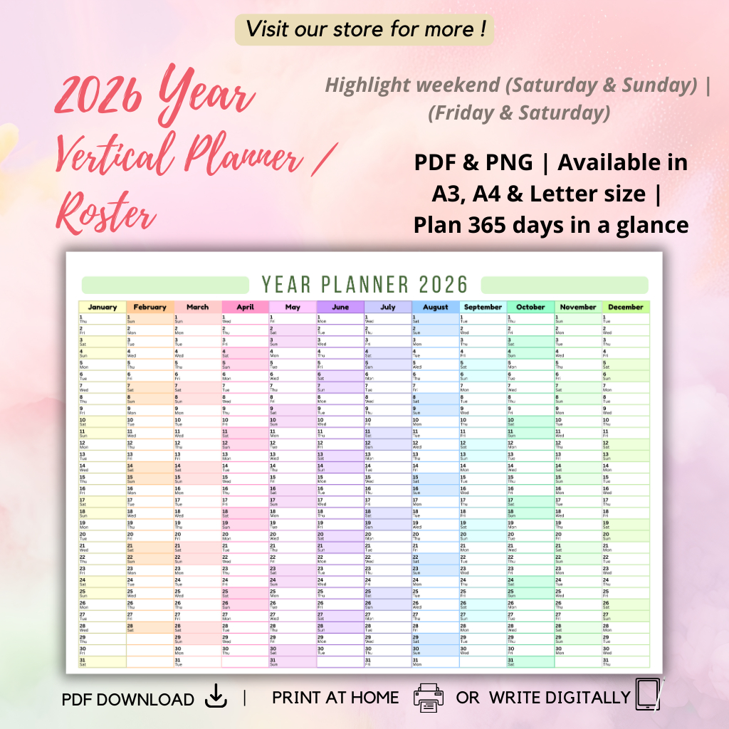 2026 Year Vertical Planner / Roster – PDF & PNG | Printable A3, A4 ...