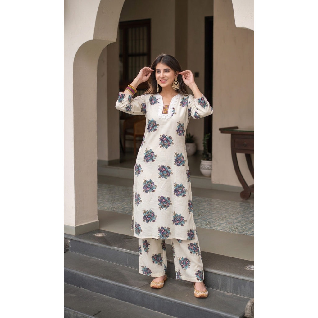 Women Cotton Printed Kurti Palazzo Set | Elegant Floral Ethnic Co-ord ...