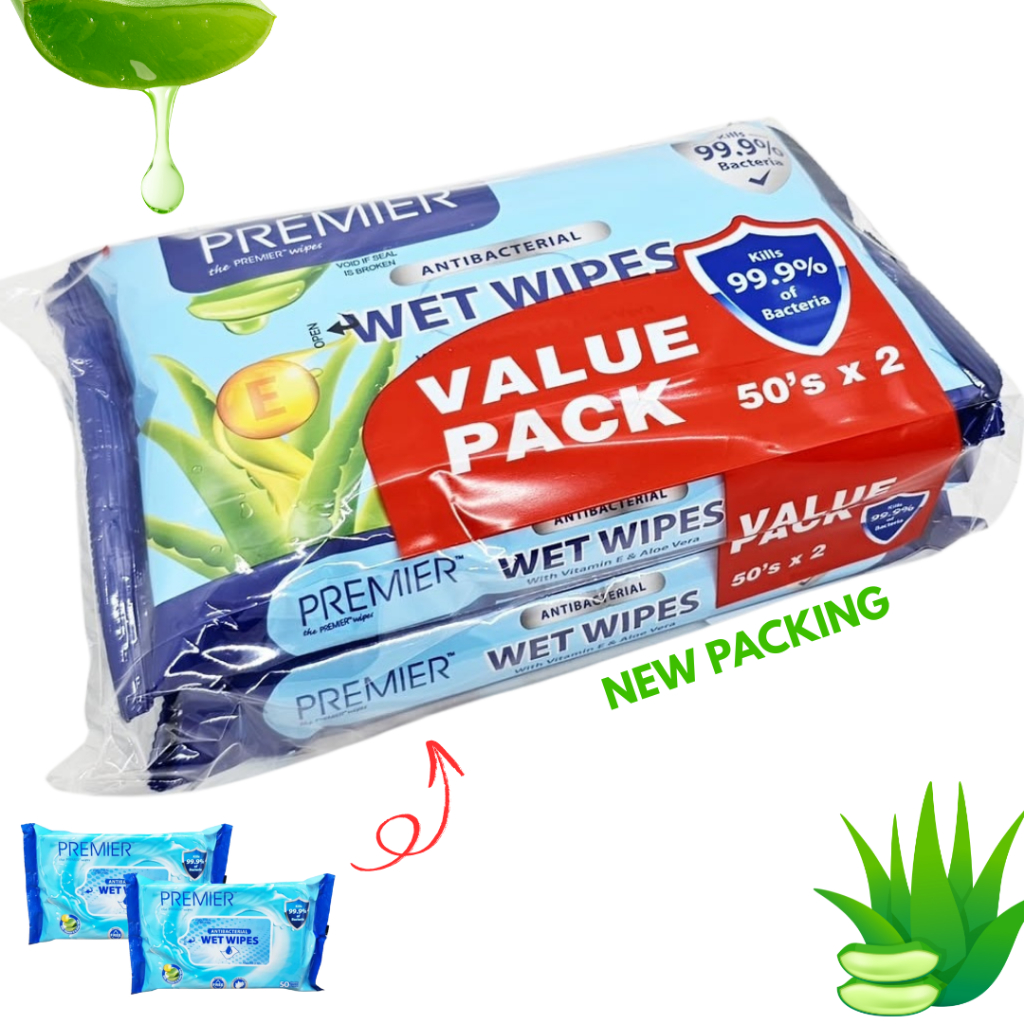 PREMIER Antibacterial Wet Wipes (50's x 2pkts) Wet Tissue / Tisu Basah ...