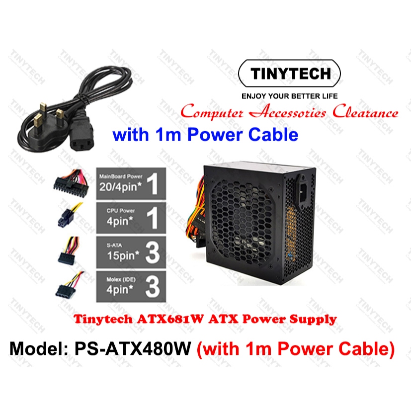 DESKTOP PC ATX PS-ATX480W POWER SUPPLY WITH 1M POWER CABLE TINYTECH ...