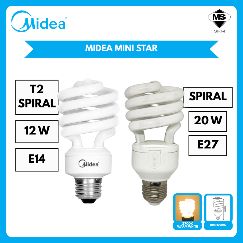 MIDEA MINI STAR 12W E14 & SAVER STAR 20W E27 SPIRAL WARM WHITE | Shopee ...