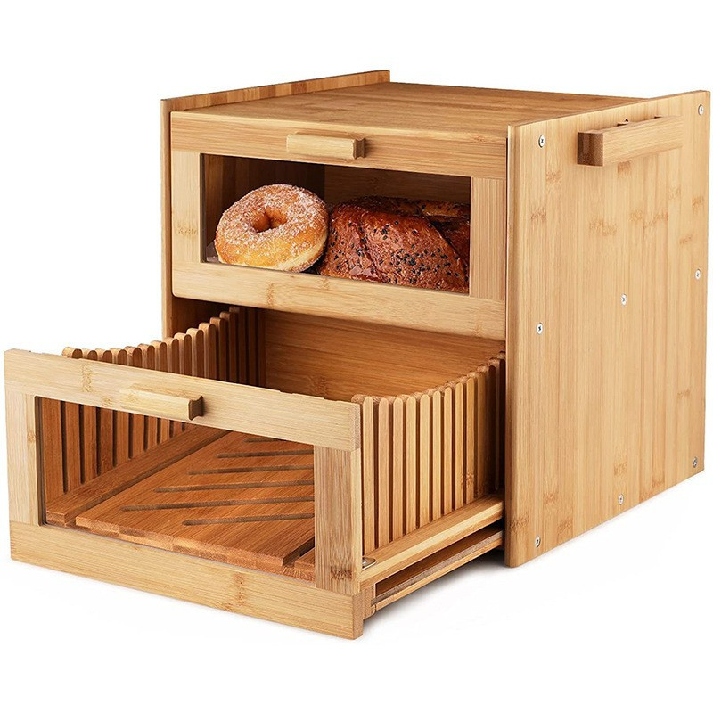 Wooden Bread Box with Bread Slicer Storage Box Bread Box Storage Bread ...