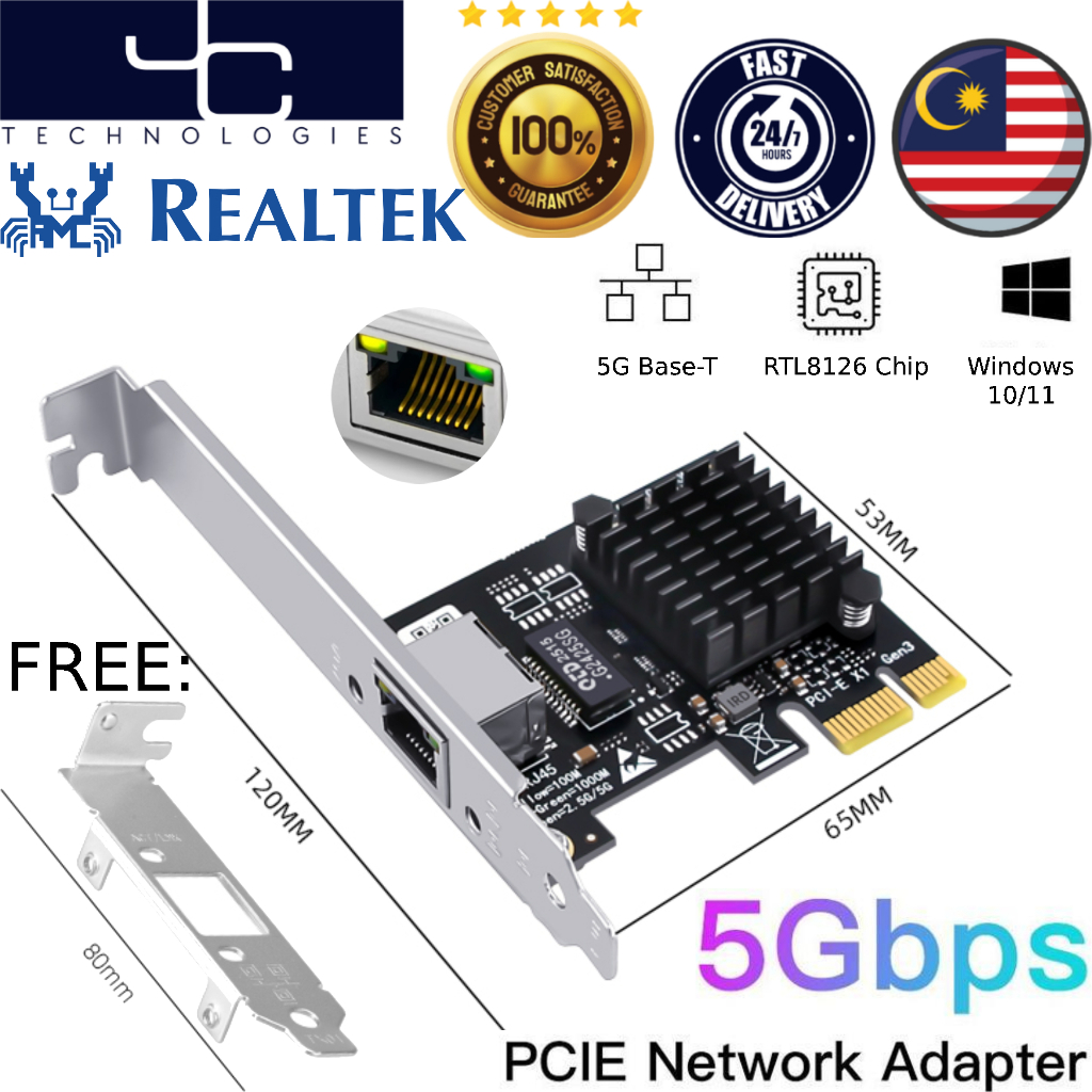 Realtek 2.5G/5G LAN PCIe Ethernet Adapter Card FREE Heatsink Low ...