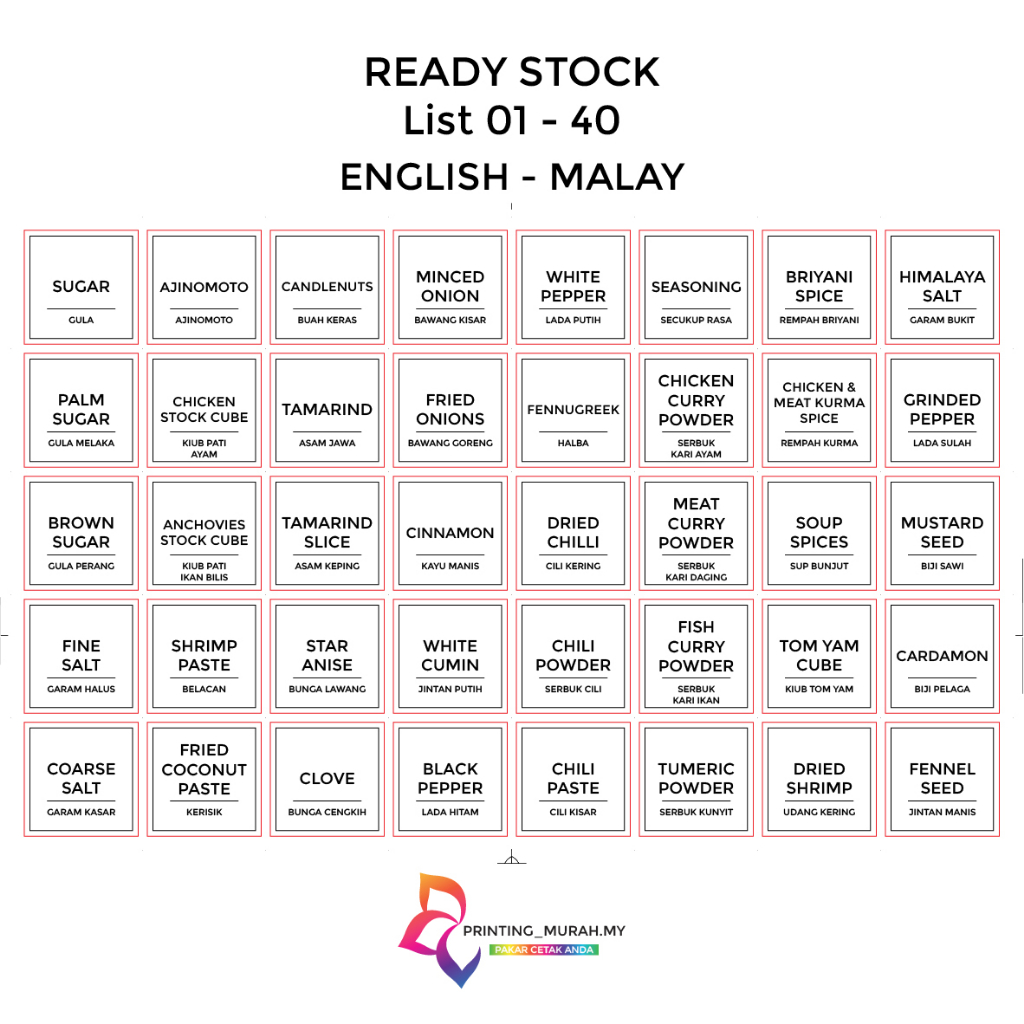 80 pcs English - Malay | Sticker Label Dapur Waterproof (Minimalist ...
