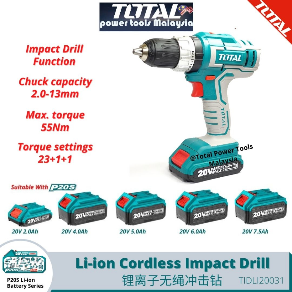 TOTAL Cordless Impact Drill TIDLI20031 [ COMBO Set ] + Free Cordless ...