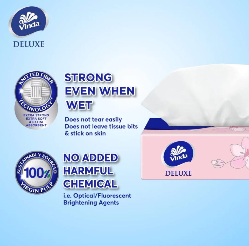 Vinda Deluxe Soft Pack Facial Tissue Large 3ply - (4 x 110's) x 12 ...