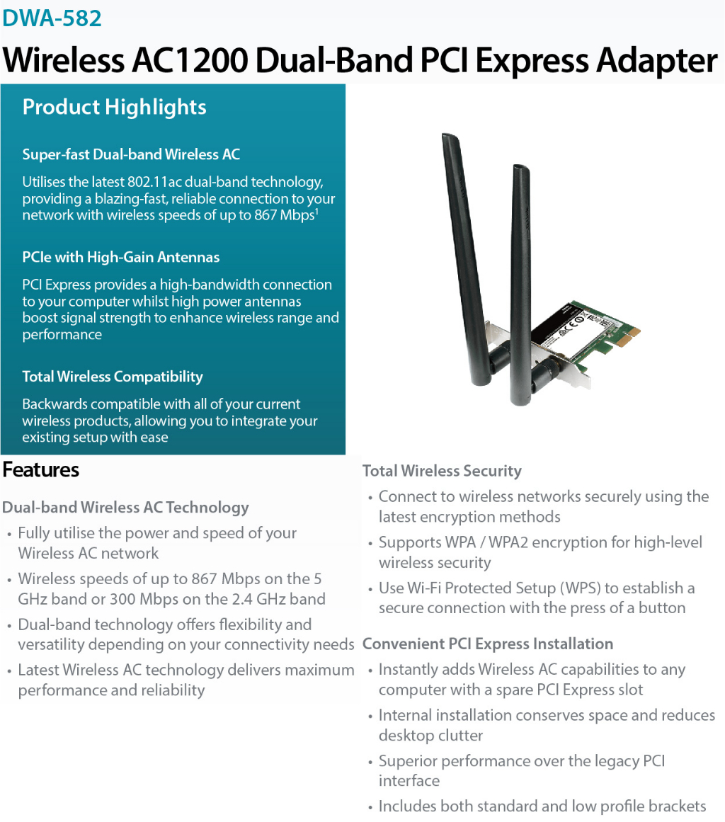 D-LINK DWA-582 Wireless AC1200mbps Dual Band PCI Express WiFi Adapter ...