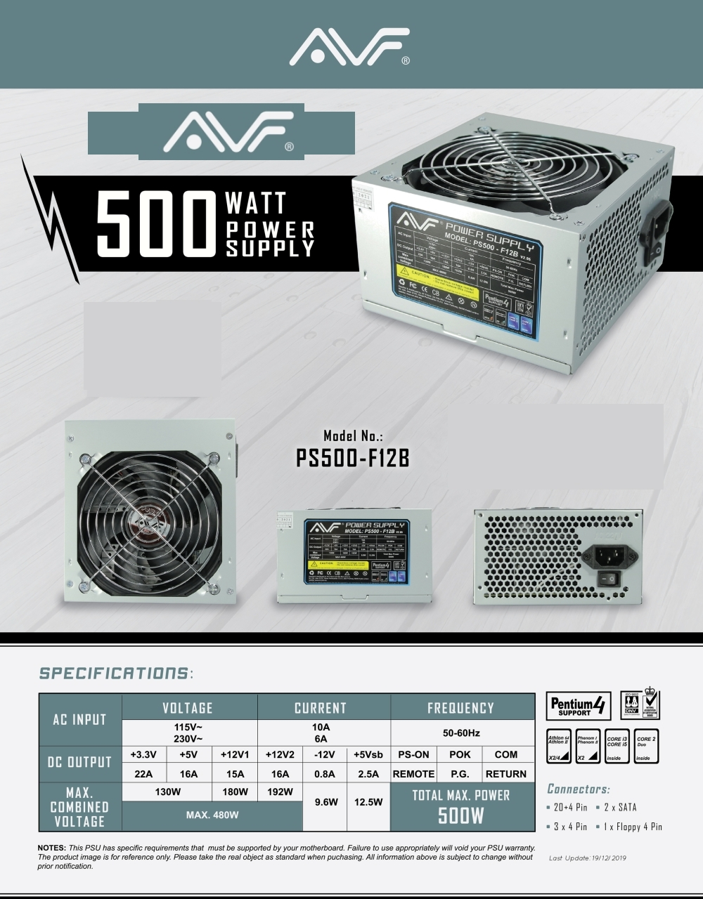 AVF 500W POWER SUPPLY ATX With 12CM Fan Power Supply 500WATT PS500-F12B ...