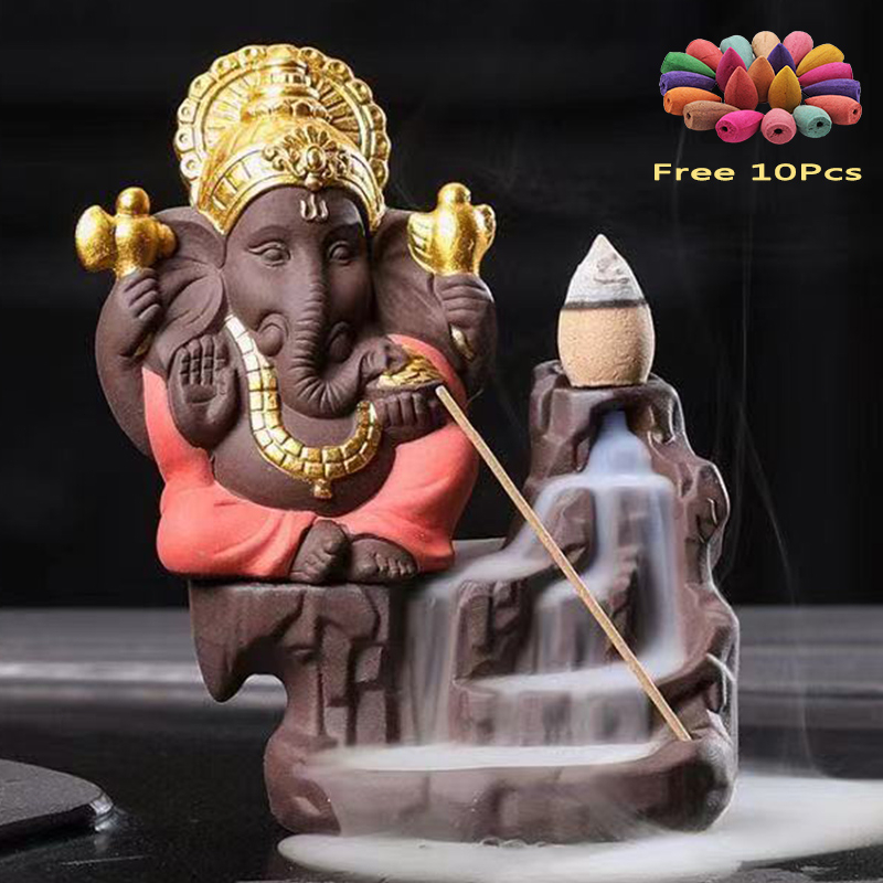 品香馆 Golden Ganesha Buddha Backflow Incense Burner +Free Cones Waterful ...