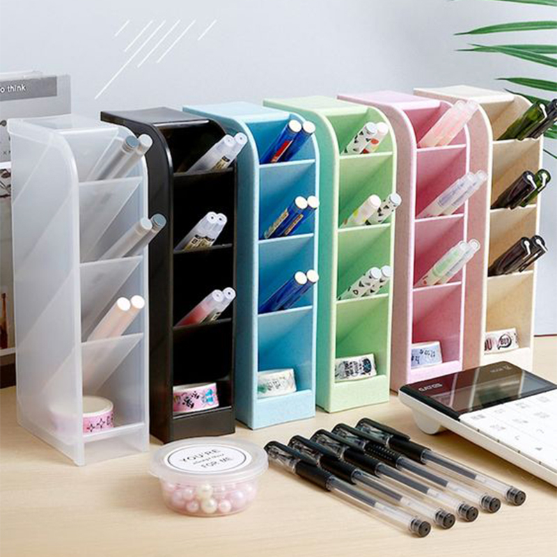 2 WAYS SETUP 》4 Grids Pen Holder Stationery Cosmetic Storage Box Office ...