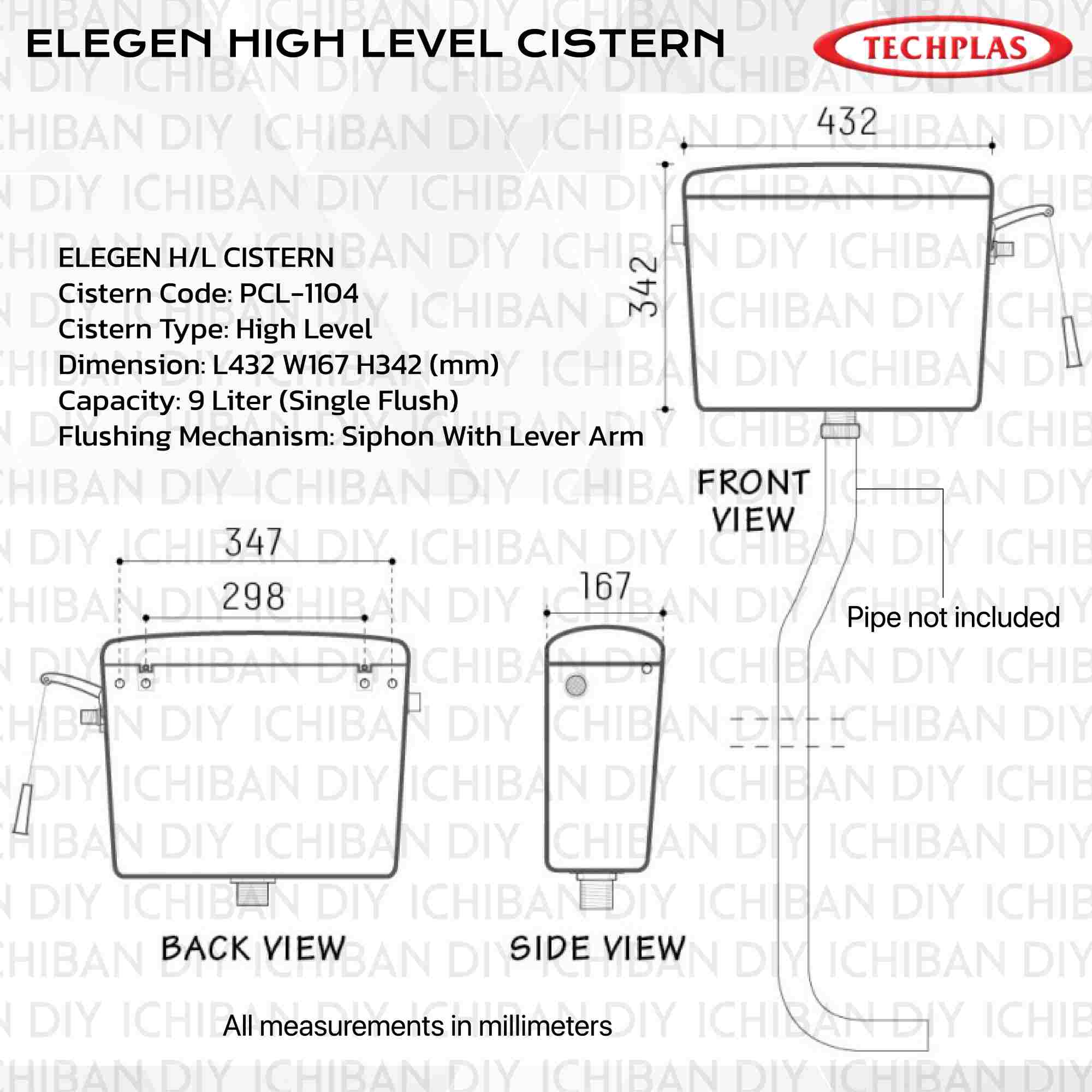 Techplas Elegen High Level Cistern PCL-1104 Plastic Toilet Water Tank Pump Flush Pam Air Tangki ...
