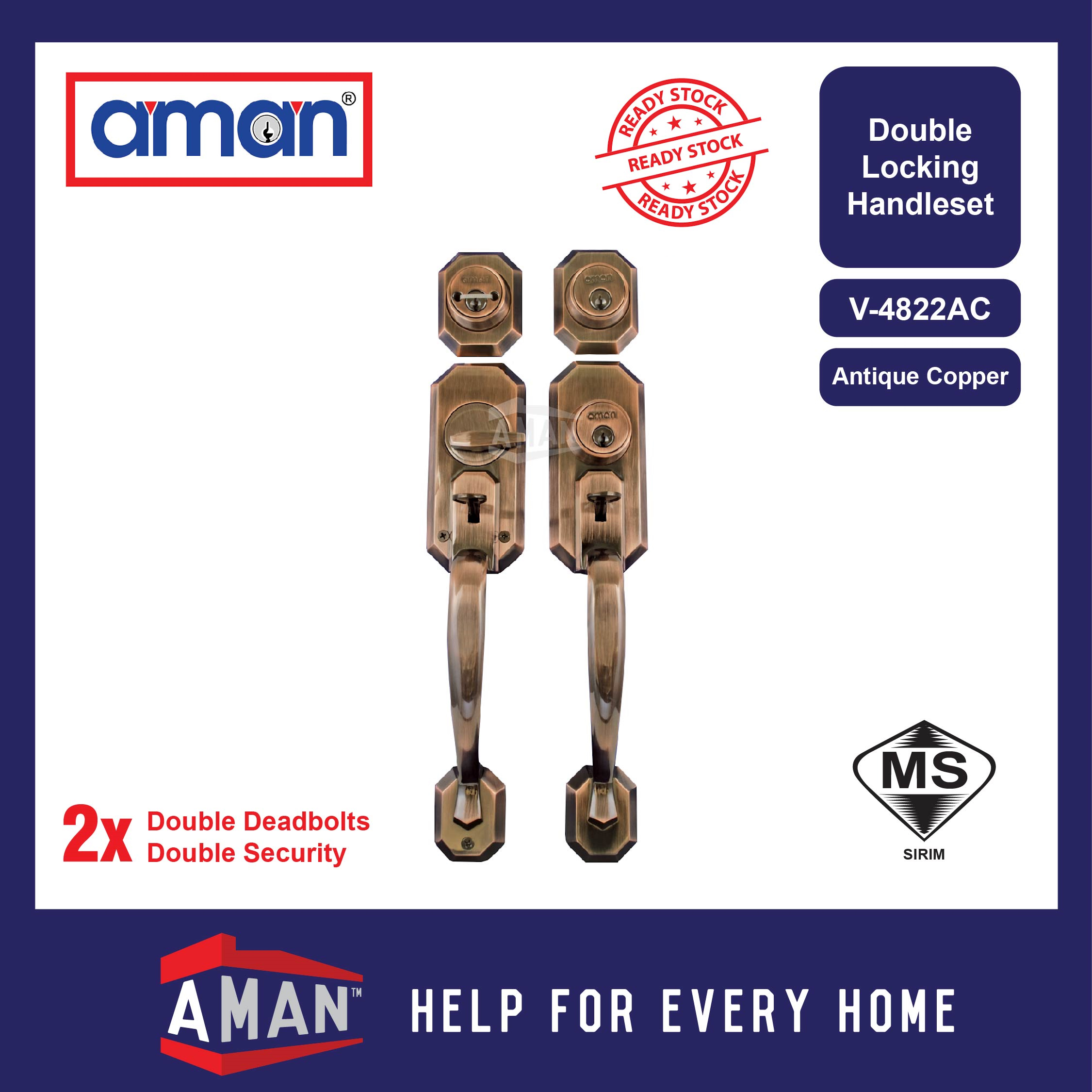 AMAN Double Deadbolt Double Locking Entrance Handleset Main Door Lock ...