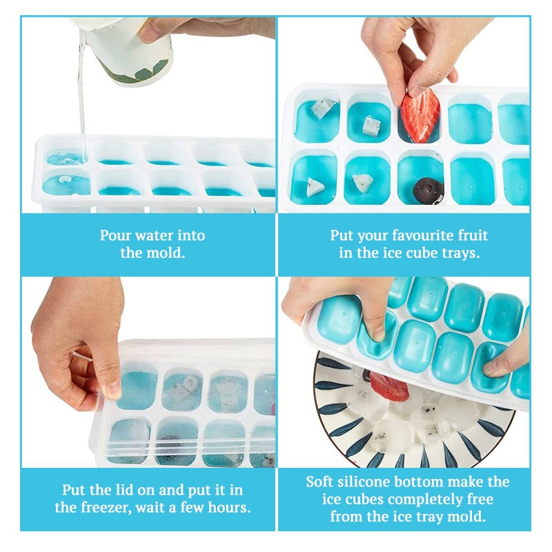 14 Holes Silicone Ice Cube Maker Tray Baby Food Puree Mold Container with Lid Bekas Pembuat Ais ...