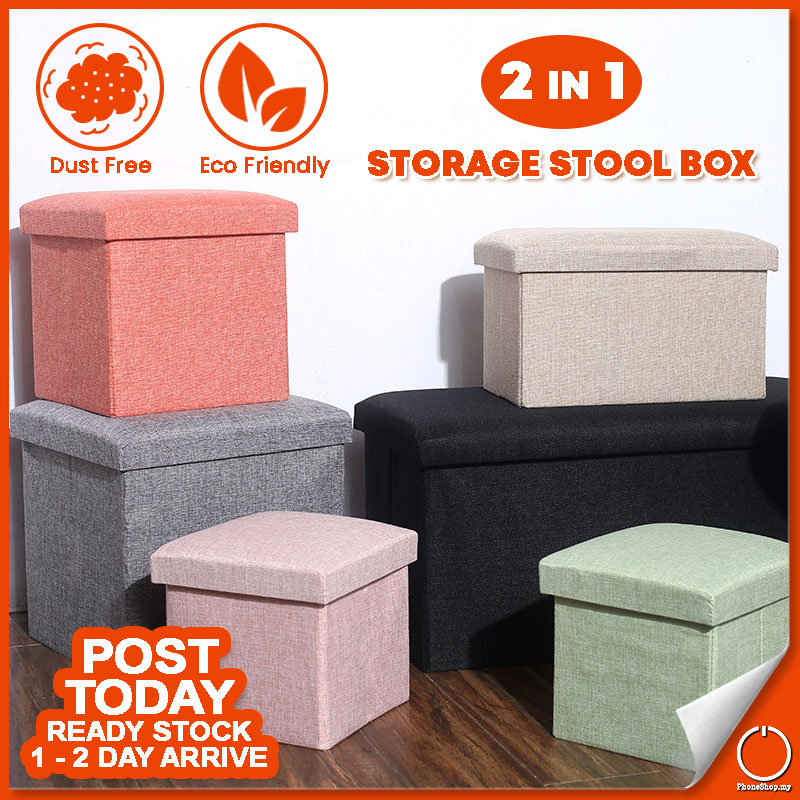 2 IN 1 Fabric Ottoman Folding Storage Stool Box Sofa Clothes Organizer ...