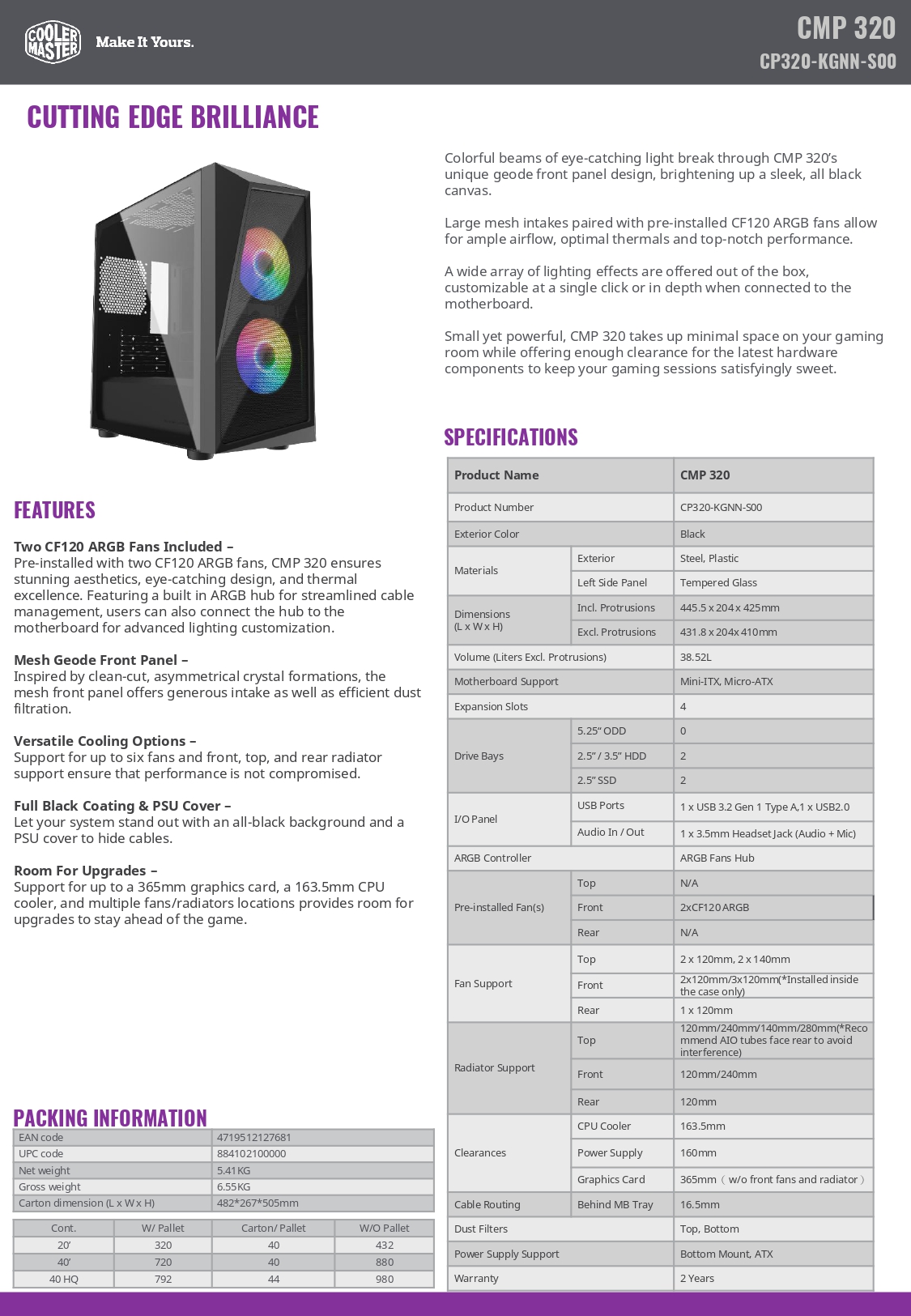 COOLER MASTER CMP 320 ARGB M-ATX PC CASE - BLACK ( CP320-KGNN-S00 ...