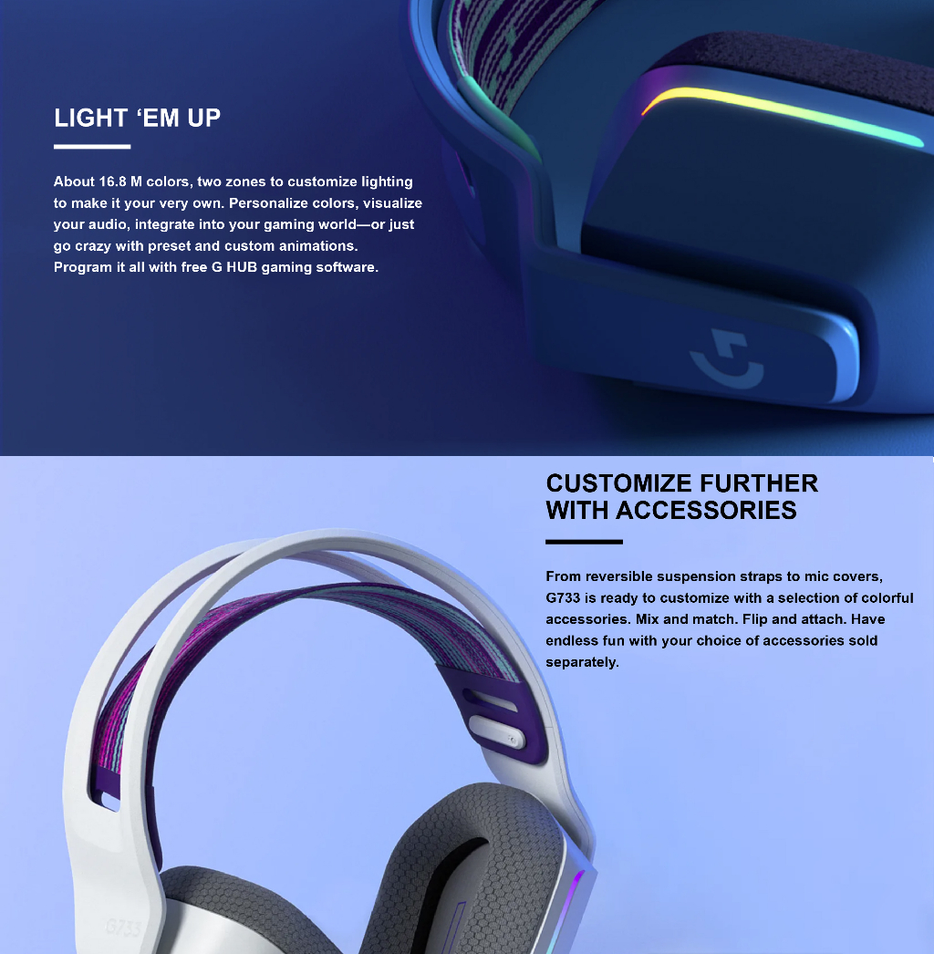 LOGITECH G733 Wireless Gaming Headset with Lightspeed, Detachable Mic ...