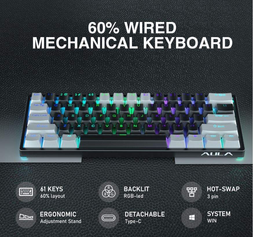 AULA F3261 61 Keys Wired Mechanical Keyboard RGB Hot Swappable Compact ...