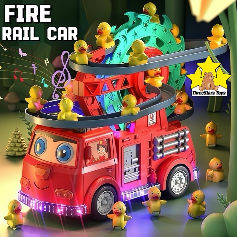 Fire Rail Car With Duck Climbing Stairs Track Toy With Music & Light ...