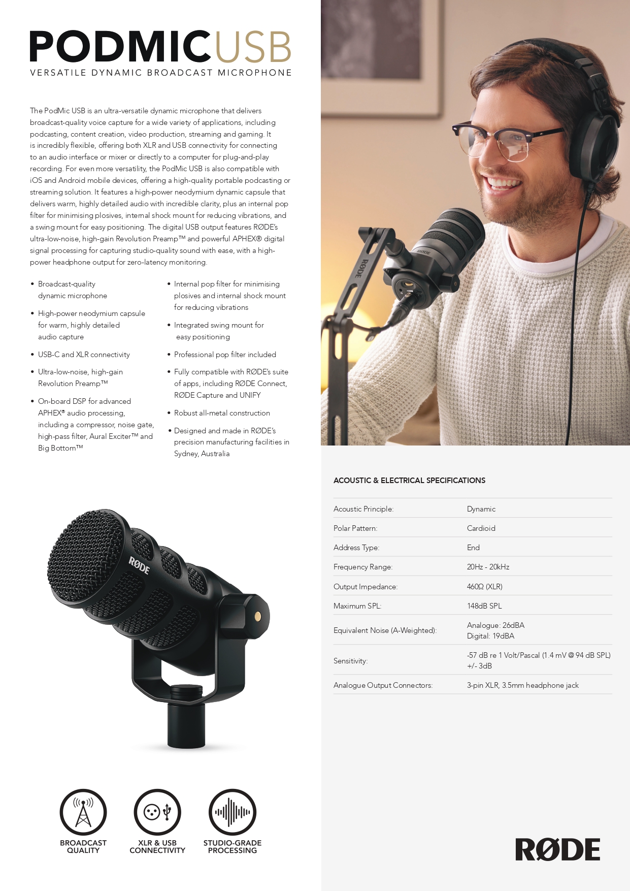 RODE PODMIC USB VERSATILE DYNAMIC BROADCAST MICROPHONE WITH STUDIO ...