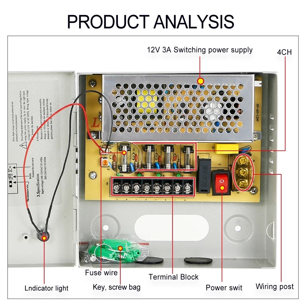 4CH 12V5A / 9CH 12V10A / 18CH 12V 20A POWER SUPPLY METAL BOX WITH FUSE ...