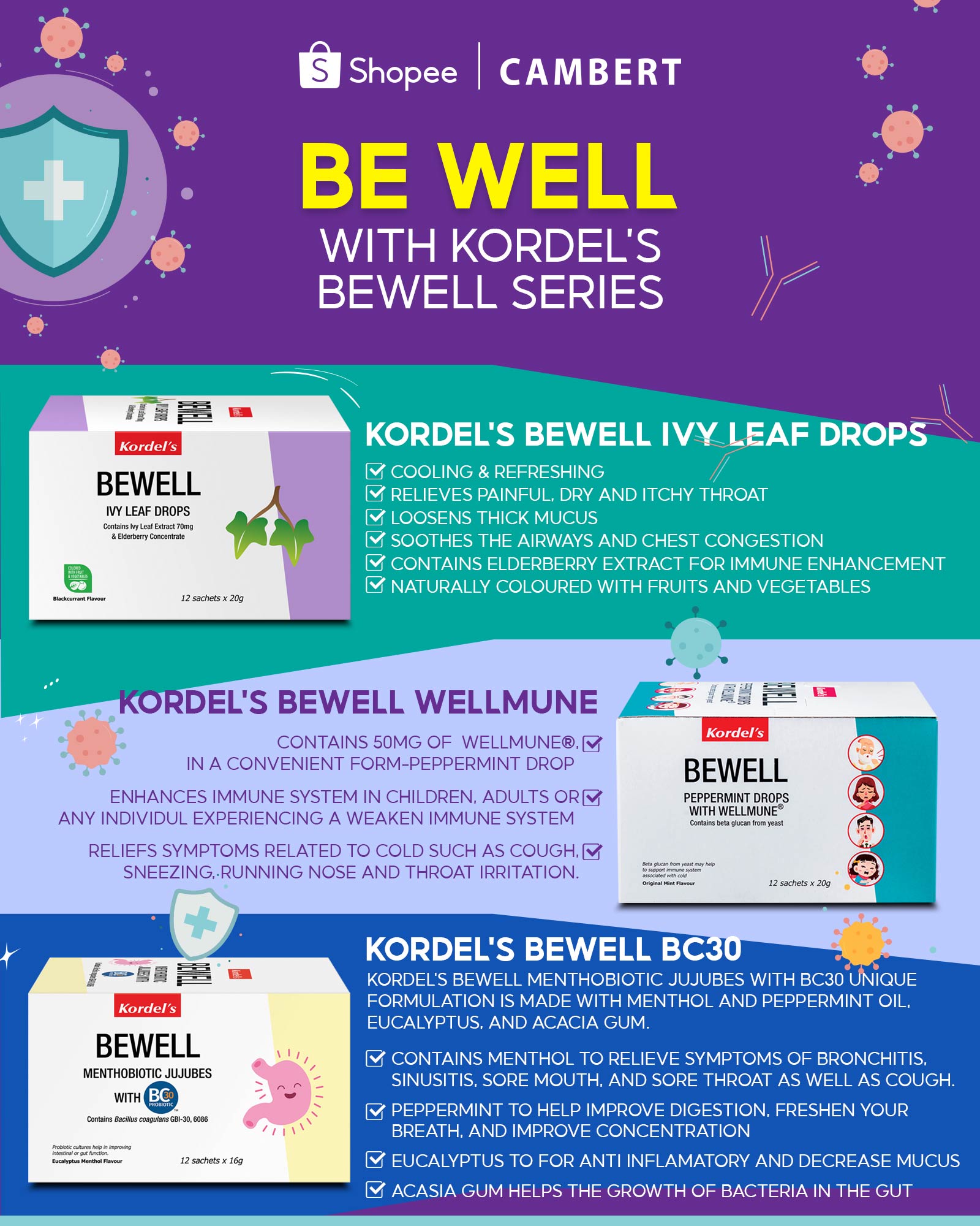 (Exp 06/26) Kordel's BEWELL Peppermint Drops with Wellmune 1 sachet to promote healthy immune ...